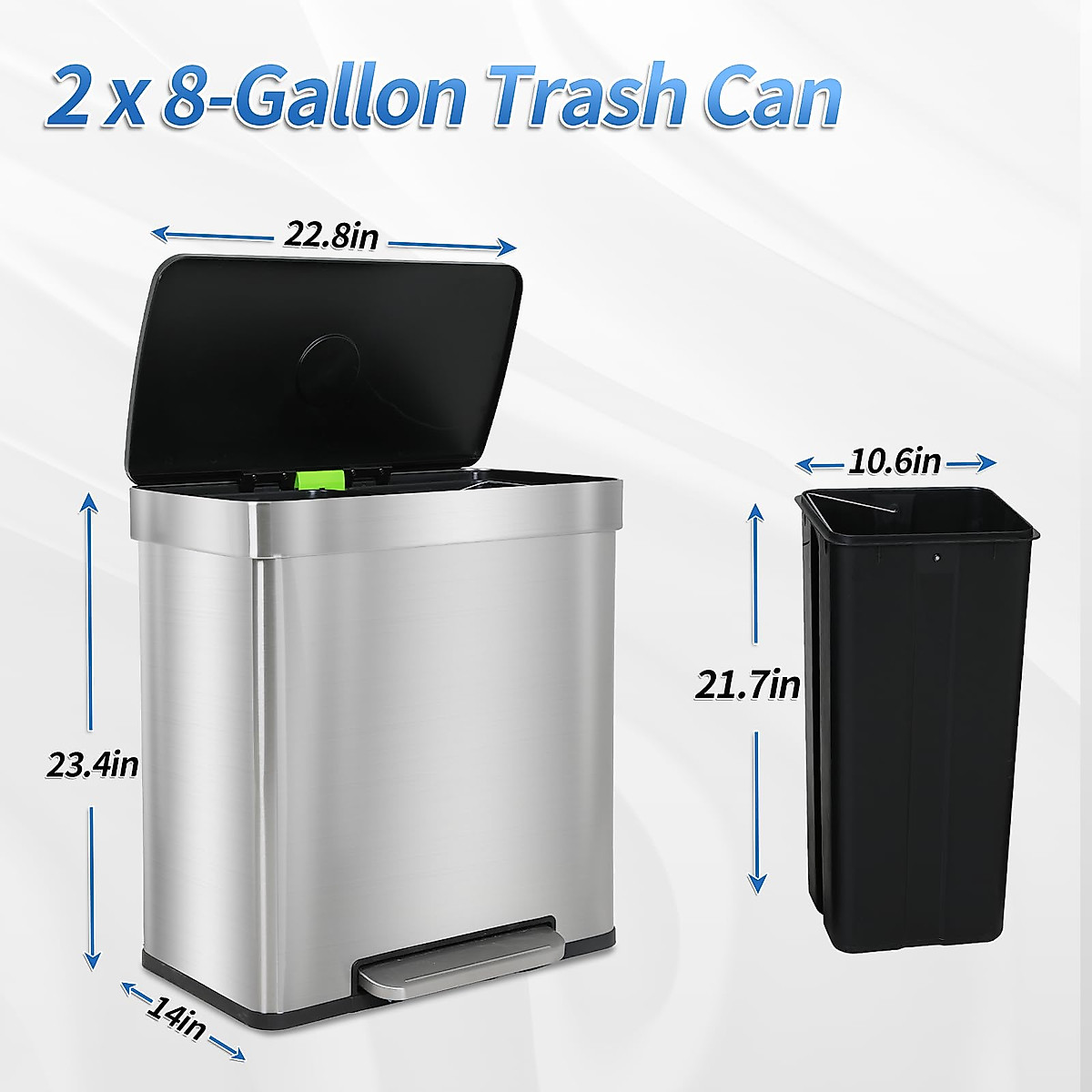 Dual Trash Can, 16 Gallon/ 60L Stainless Steel Trash and Recycling Combo with Lid & Double Barrel, Step Fingerprint-Proof Dual Compartment Garbage Cans for Kitchen Bedroom Bathroom Office