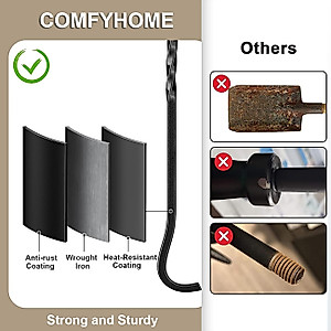 COMFYHOME Fireplace Tools 5 Pcs, 32-Inch Wrought Iron Fireplace Tools Set with Ergonomic Handle, Fire Poker, Tong, Shovel, Brush, Stand for Outdoor Indoor Fire Pit, Modern Fireplace Kit, Black