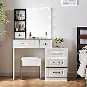 Makeup Vanity Set with Lights & Mirror, Large Vanity Table with Storage Drawers & Stool, Bedroom Dresser Desk Dressing Table for Girls Women (Elegant)
