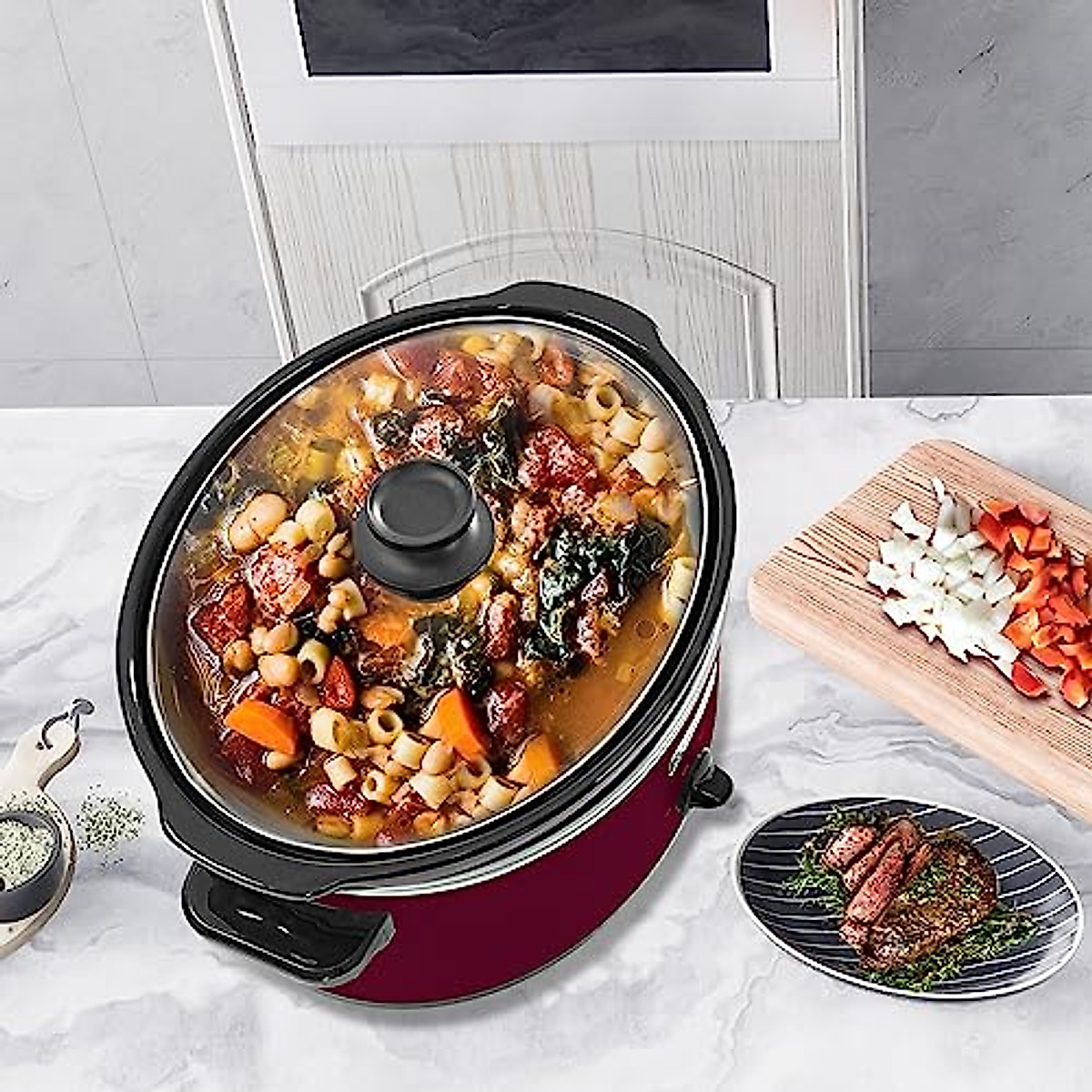 Magnifique 7 Quart Slow Cooker Oval Manual Pot Food Warmer with 3 Cooking Settings, Red Stainless Steel