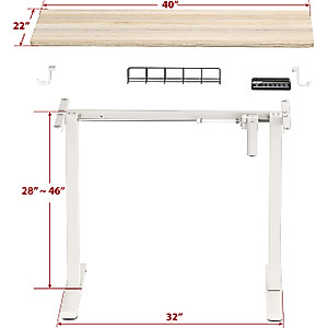 SHW Small Electric Height Adjustable Sit Stand Desk with Hanging Hooks and Cable Management, 40 x 22 Inches, White Frame and Maple Top
