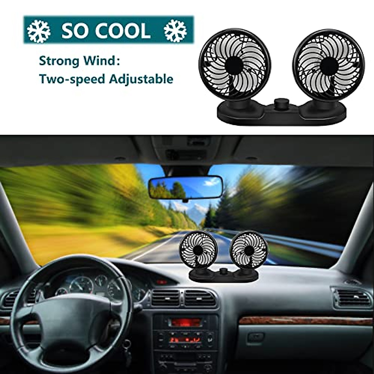 12 V Car Fans for Backseat, Car Cooling Fan with Cigarette Lighter Plug, 360 Degree Dual Head Rotatable Auto Vehicle Fan, Quiet Dashboard Cooling Fan for SUV, RV, Boat