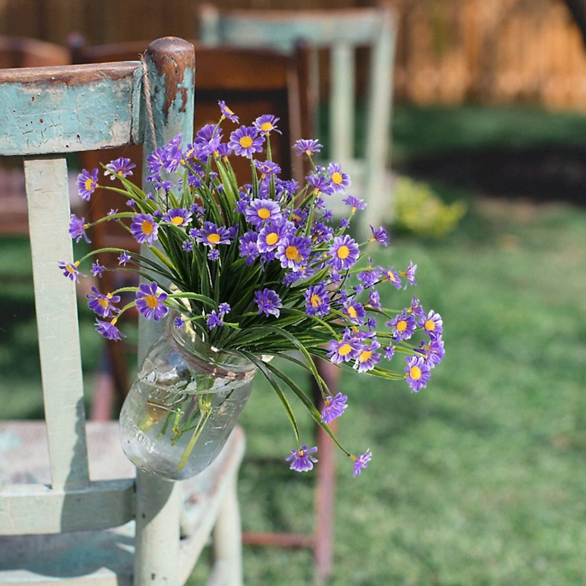 NAHUAA 4PCS Fake Daisy Flowers for Outdoor Purple Artificial Plastic Plants Greenery UV Resistant Shrubs Table Centerpieces Arrangements Home Kitchen Garden Spring Farmhouse Decor