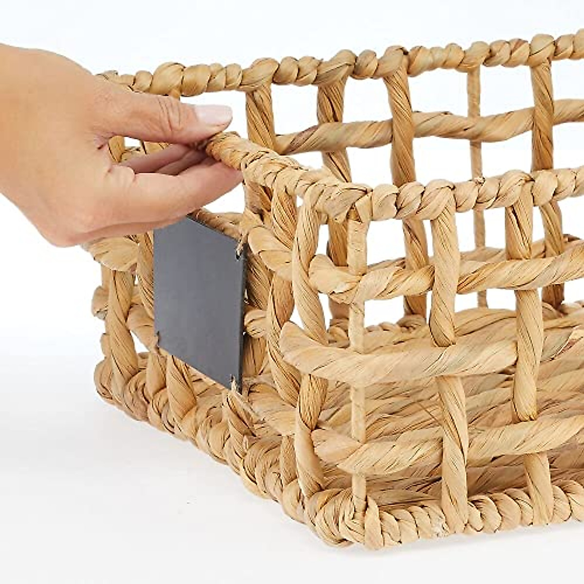 mDesign Water Hyacinth Open Weave Household Basket with Built-in Chalkboard Label for Storage in Bedroom, Bathroom, Office - Hold Clothes, Blankets, Linens, Accessories, 3 Pack - Natural/Tan