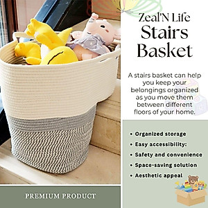 Rope Stair Basket for Carpeted and Wooden Stairs - Rope Basket with Handles - Cotton Rope Storage Basket - Collapsible Basket for Stairs With Felt Sheet Internal Support (Large, Cotton Rope Brown)