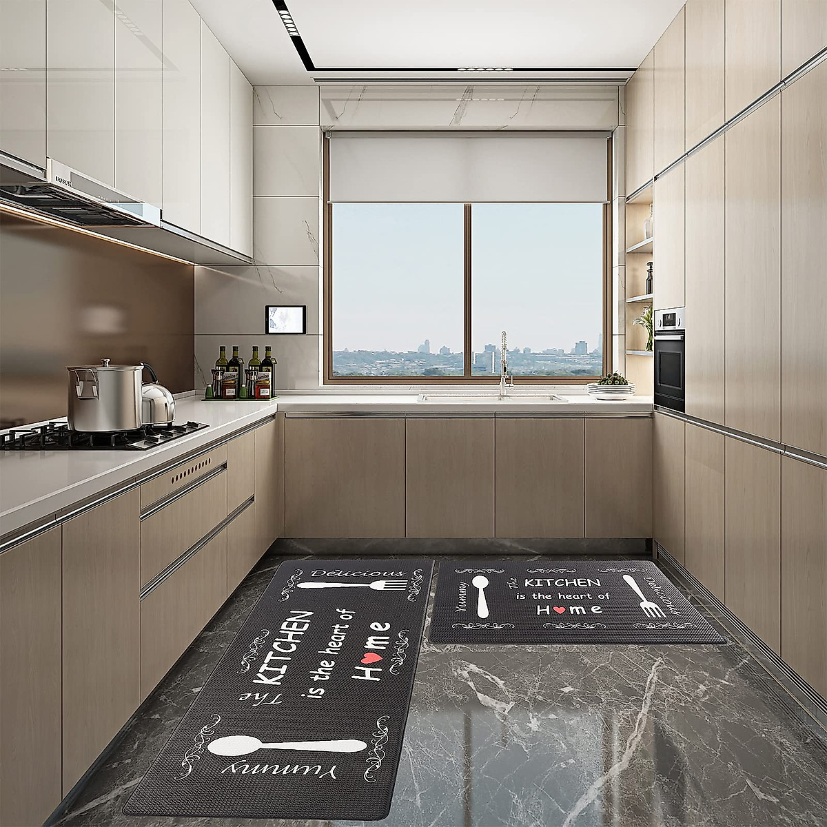 PCSWEET HOME Farmhouse Kitchen Rugs Sets Cushioned Anti Fatigue Mats for Kitchen Floor,Memory Foam Kitchen Mat Waterproof Non Slip Comfort Mat for Kitchen,Home,Office,Sink,Stove,Laundry (Black/White)