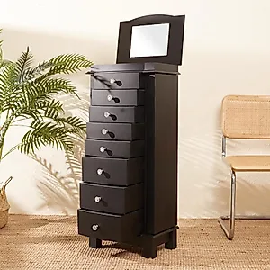 Jewelry Armoire with Mirror, 7 Drawers & 24 Necklace Hooks, 2 Side Swing Doors(Black Brown) (17.8 x 13 x 40)"