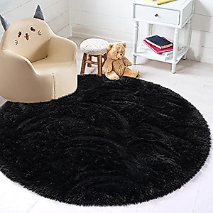 ISEAU Fluffy Round Rug Carpets, Modern Shaggy Circle Rug for Kids Bedroom Extra Comfy Cute Nursery Rug Small Circular Carpet for Boys Girls Room Home Decor Area Rug, 4ft Rugs, Black