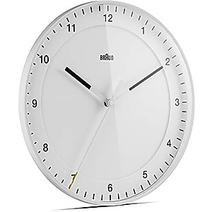 Braun Classic Large Analogue Wall Clock with Silent Sweep Movement, Easy to Read, 30cm Diameter in White, Model BC17W.