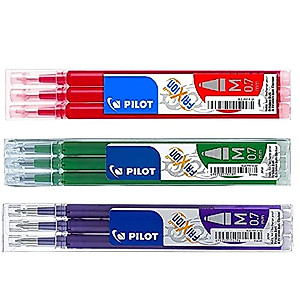 Pilot Frixion erasable pens refill, 9 refill bundle Green, Red, Violet or Purple gel ink fine pt 0.7mm, assorted colors