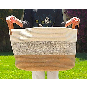 Decospark XXXL Cotton Rope Basket for Toy and Blanket Storage| 21.7" x 13.8" | Soft Long Handles | Decorative Home Organizer Ideal for Living Room, Baby Clothes and Laundry (Camel Grey and Cream)