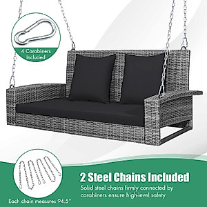 RELAX4LIFE 2-Person Porch Swing Bench - PE Rattan Outdoor Swing Chair with Comfortable Seat & Back Cushions, Rustproof Metal Chains, Patio Loveseat Swing for Balcony, Garden, Yard, 800 LBS (Black)