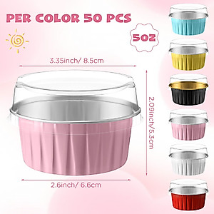 Dandat 300 Pack Aluminum Foil Cup with Lid Baking Cake Pan 5oz Disposable Ramekin Cupcake Liners Dessert Cups Mini Muffin Liner Cake Containers Flan Molds Tin for Valentine's Day Wedding Birthday