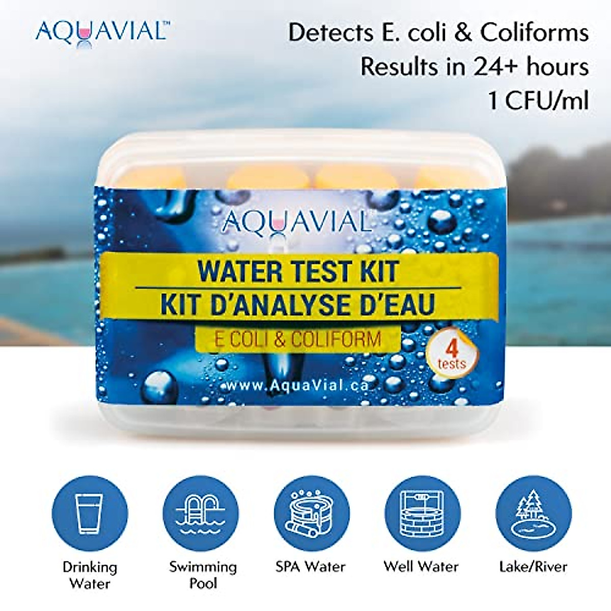 AquaVial Well Water Testing Kit 4 Pack | E Coli and Coliform Water Test Kit | Water Testing Kits for Drinking Water Pool Pond Lake Well | Water Test Kit Easy to Use | Home Industrial Water Test Kit