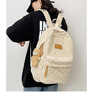 MININAI Aesthetic Checkered Backpack Light Academia Plaid Backpack Cute Preppy Backpack Fit 15.6 Inch Laptop Light Rucksack (Beige,One Size)