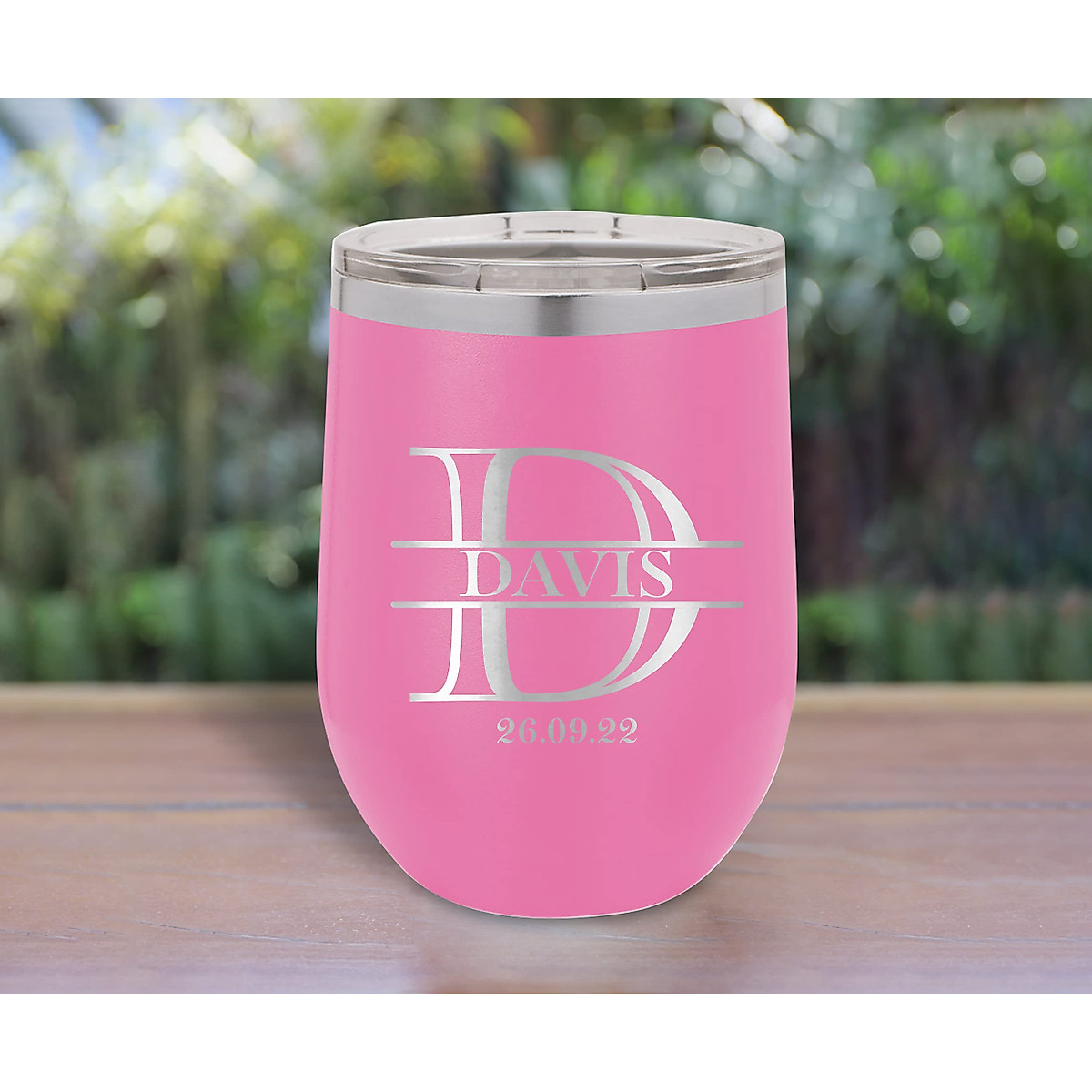 Custom Stemless Wine Cup 12oz Add Monogram Initial Stainless Steel Vacuum Insulated Wine Tumbler With Lid Pink