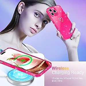 Qviskteme for iPhone 14 Pro Max Case Glitter,Cute Bling Sparkly Slim Phone Case TPU Shockproof Bumper Protective Soft Silicone Cover Anti-Scratch Plating Love Heart for Women Girls (Hot Pink)