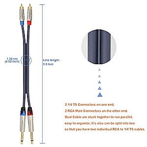 tisino RCA to 1/4 Cable, Dual RCA to Dual 1/4 inch TS Stereo Audio Interconnect Cable Patch Cords - 3.3 feet