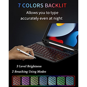 Keyboard Case for iPad 6th/5th Generation 9.7 inch, Slim Folio Smart Case with Pencil Holder for iPad Air 2, Rechargeable, Detachable Wireless Keyboard with 7 Color Backlit for iPad Pro 9.7 - Black