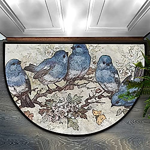 Pardick Vintage Blue Bird Branch Half Round Door Mat, Cute Animal Non-Slip Half Circle Area Rug Doormat Absorbent Half Moon Rug for Indoor Outdoor Kitchen Bedroom Home Decor