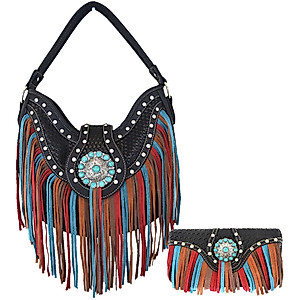 Western Style Fringe Conchos Gem Rhinestone Studded Braided Leather Purse Country Handbag Women Shoulder Bag Wallet Set (Red Set)