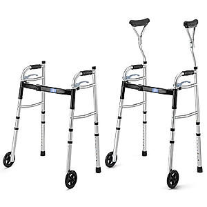 GreenChief Walkers for Seniors, Foldable Standard Walker with Adjustable Width, Folding Walker with Arm Support, 2 Wheels Walker for Elderly Handicapped Disabled (300LB)