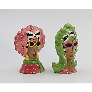 Fine Ceramic Dollymamas African American Black Fashion Lady with Sunglasses Salt & Pepper Shakers Set, 4-3/8" H