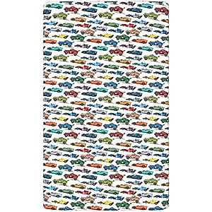Race Car Themed Fitted Mini Crib Sheets,Portable Mini Crib Sheets Ultra Soft Material-Baby Crib Sheets for Girl or Boy,24“ x38“,Multicolor