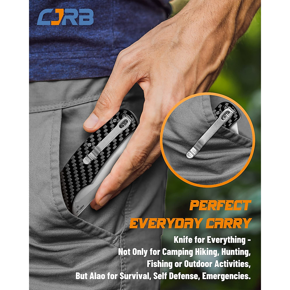 CJRB Crag Tactical Knife,Cleaver Pocket Folding Knife with Stonewash AR-RPM9 Steel Blade and Carbon Fiber Handle for Men Outdoor, Survival, Camping and EDC Black (J1904R)