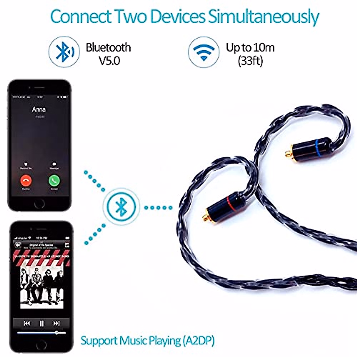 Pizen BT-50 PRO QCC5125 Bluetooth Upgrade Cable,LDAC/aptX Adaptive/aptX-HD/AAC,22H Music Playtime,Bluetooth Silver Plated Detachable Cable,Type-C,Waterproof,with HD Mic (MMCX, Black)