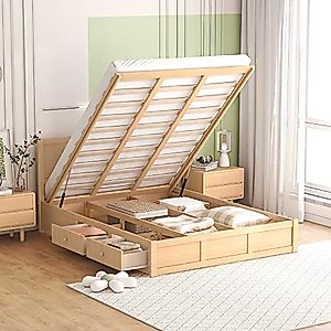 HAUSHECK Queen Size Bed Frame with Underneath Storage and 2 Drawers, Wooden Platform Bed Frame with Strong Slats Support Mattress Foundation No Box Spring Needed, Natural Color