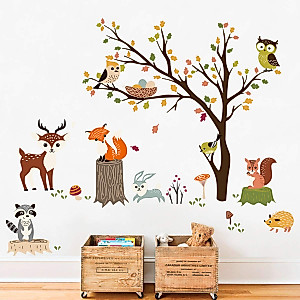decalmile Woodland Wall Decals Animals Tree Owl Fox Deer Wall Stickers Kids Bedroom Baby Nursery Wall Decor
