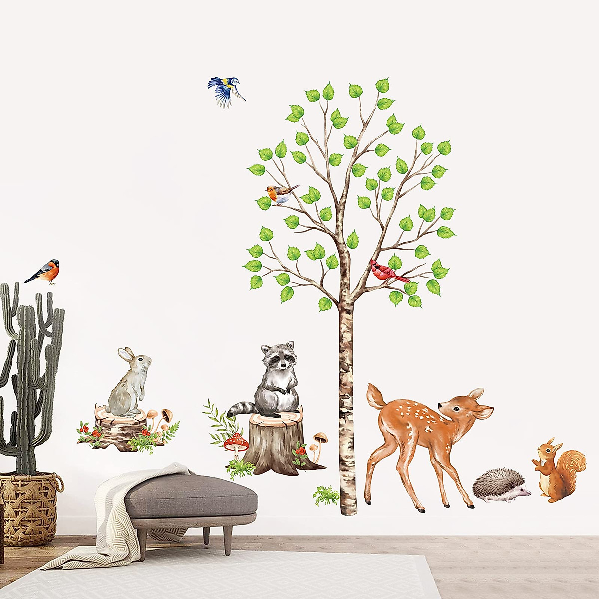 decalmile Woodland Animal Wall Decals Birch Tree Squirrel Deer Wall Stickers Baby Nursery Kids Bedroom Wall Decor(Tree Height: 34Inches)