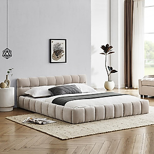 DEINPPA Queen Modern Bed, Chenille Upholstered Platform Bed with Cloud Soft Headboard, Grounded Upholstered Wood Base Platform Bed, Italian Style Modern Beds-Beige