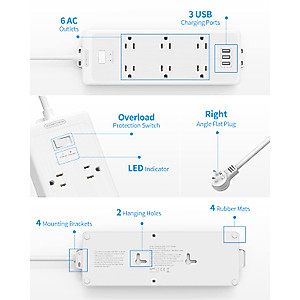 15 FT Extension Cord Surge Protector Power Strip 6 Super Wide Spaced Outlets, NTONPOWER Flat Plug Surge Protector Wall Mount with 3 USB, 1875W, 15A, 1700 Joules, Overload Protection for Home Office