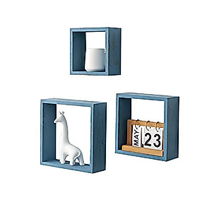 Coral Flower Rustic Shelves, Square Floating Wood Shadowbox, Home Decor, Set of 3., blue