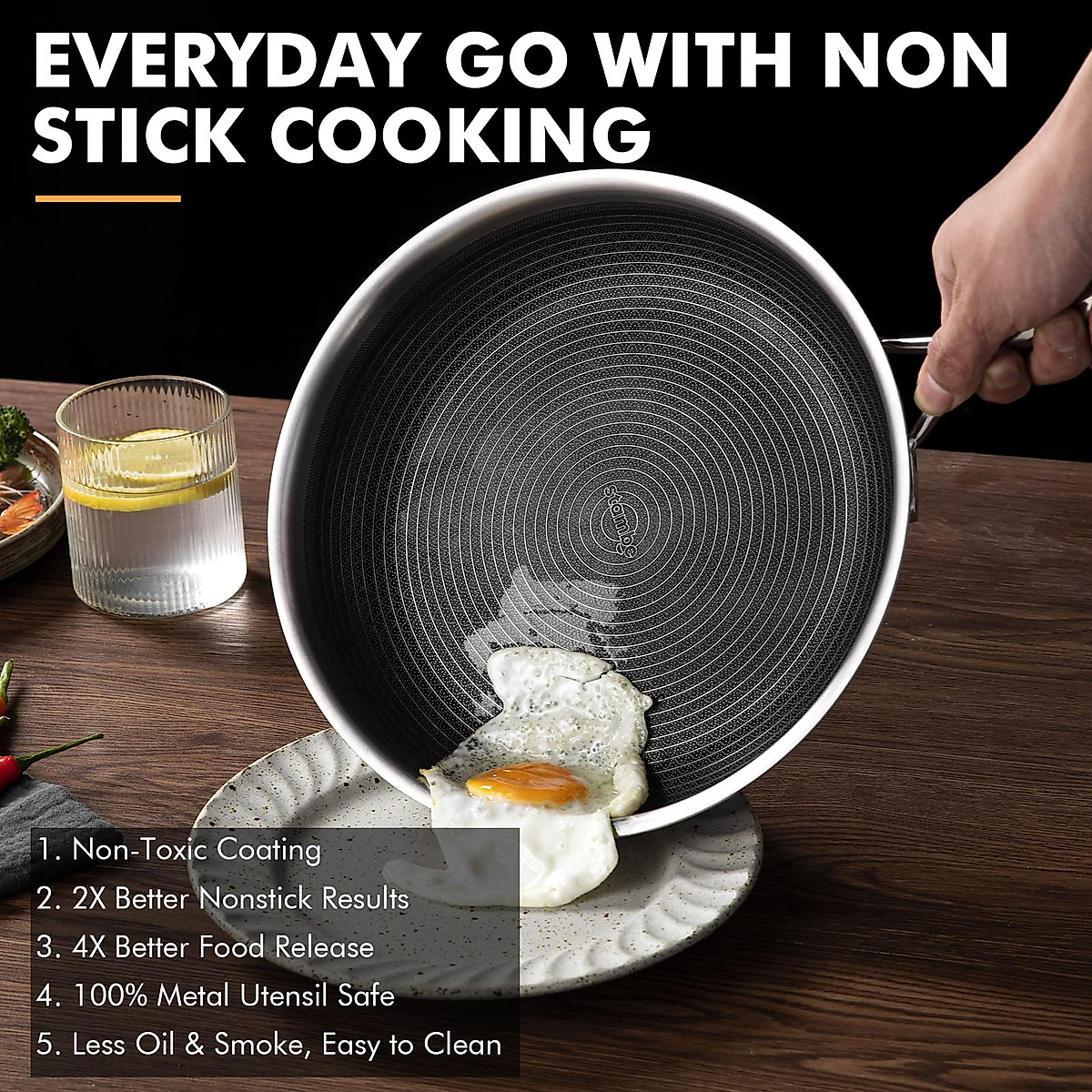 STAMBE 8" Stainless Steel Pan - TriPly Stainless Steel Frying Pans with USA Non-Stick Coating and Anti Warp Base, PFOA &PFOS Free