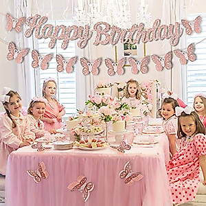 Butterfly Happy Birthday Banner Garland Rose Gold for Girls Butterfly Birthday Party, Fairy Garden Birthday Party Decoration Supplies Butterfly Hanging Garland