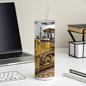 Yellow Bulldozer Construction Equipment Skinny Tumbler 20oz with Straw Insulated Water Bottle Gift