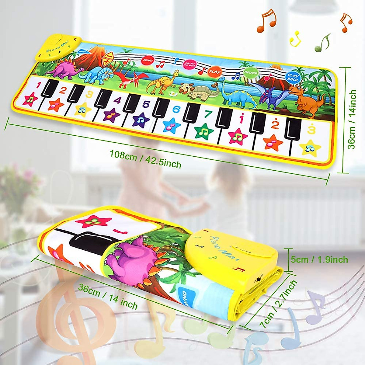 M SANMERSEN Piano Mat for Kids, 43” x 14” Floor Piano Keyboard Mat Carpet Touch Playmat with 10 Demo Songs/ 8 Dinosaur Sounds, Musical Mat Toys Gift for 1 2 3 4 5 Years Old Baby Boys Girls