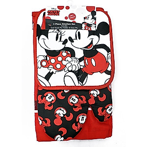 Disney Oven Mitt Pot Holder & Dish Towel 3 pc Kitchen Set (Mickey Minnie Red)