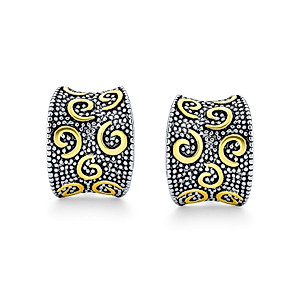 Bali Style Swirl Two Tone Wide Concave Half Hoop Clip On Earrings Non Pierced Ears Black Sliver Gold Plated Brass