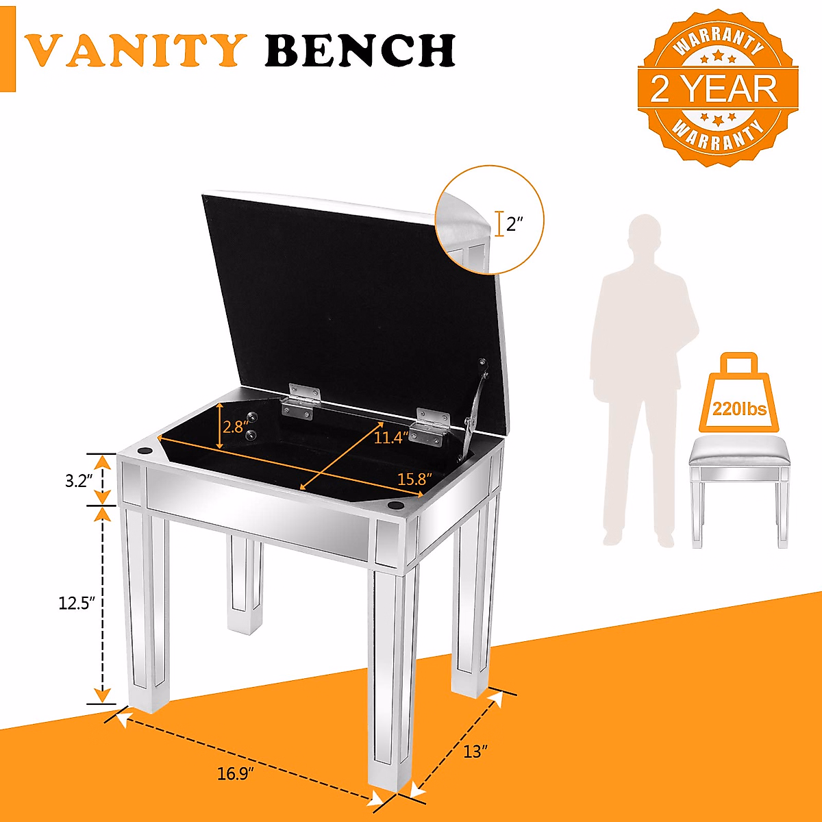 VINGLI Mirrored Vanity Stool with Storage, Faux Leather Ottoman, Makeup Dressing Table Bench, Silver