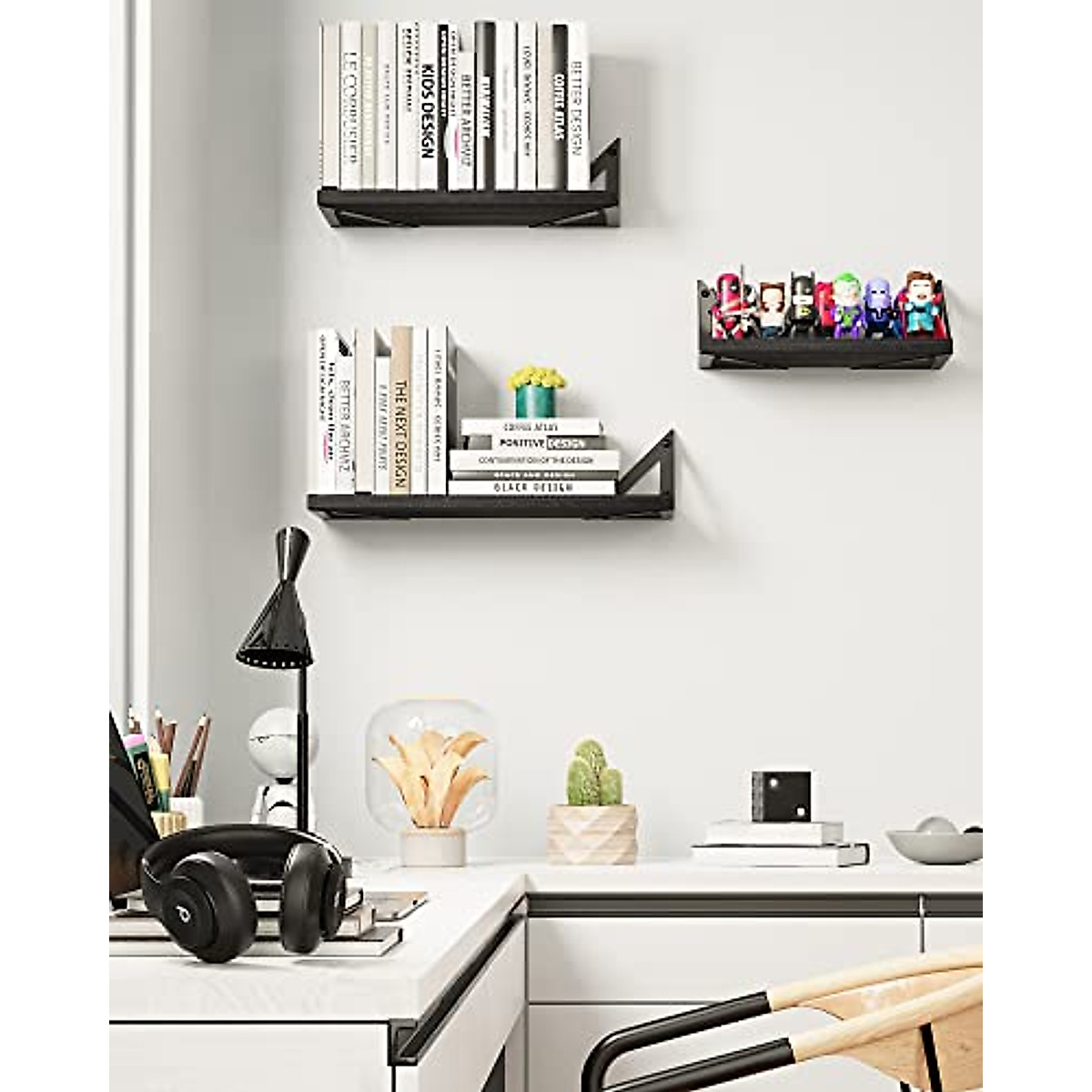 BAYKA Floating Shelves for Bedroom Decor, Rustic Wood Wall Shelves for Living Room Wall Mounted, Hanging Shelving for Bathroom, Laundry Room, Small Shelf for Plants, Books(Black,Set of 3)