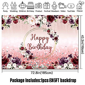 Burgundy Flower Happy Birthday Photography Backdrops 72.8x43.3inch Rose Gold Glitter Blush Photo Background for Women Lady Girl 16th 30th Birthday Party Decorations Banner Photo Booth Supplies
