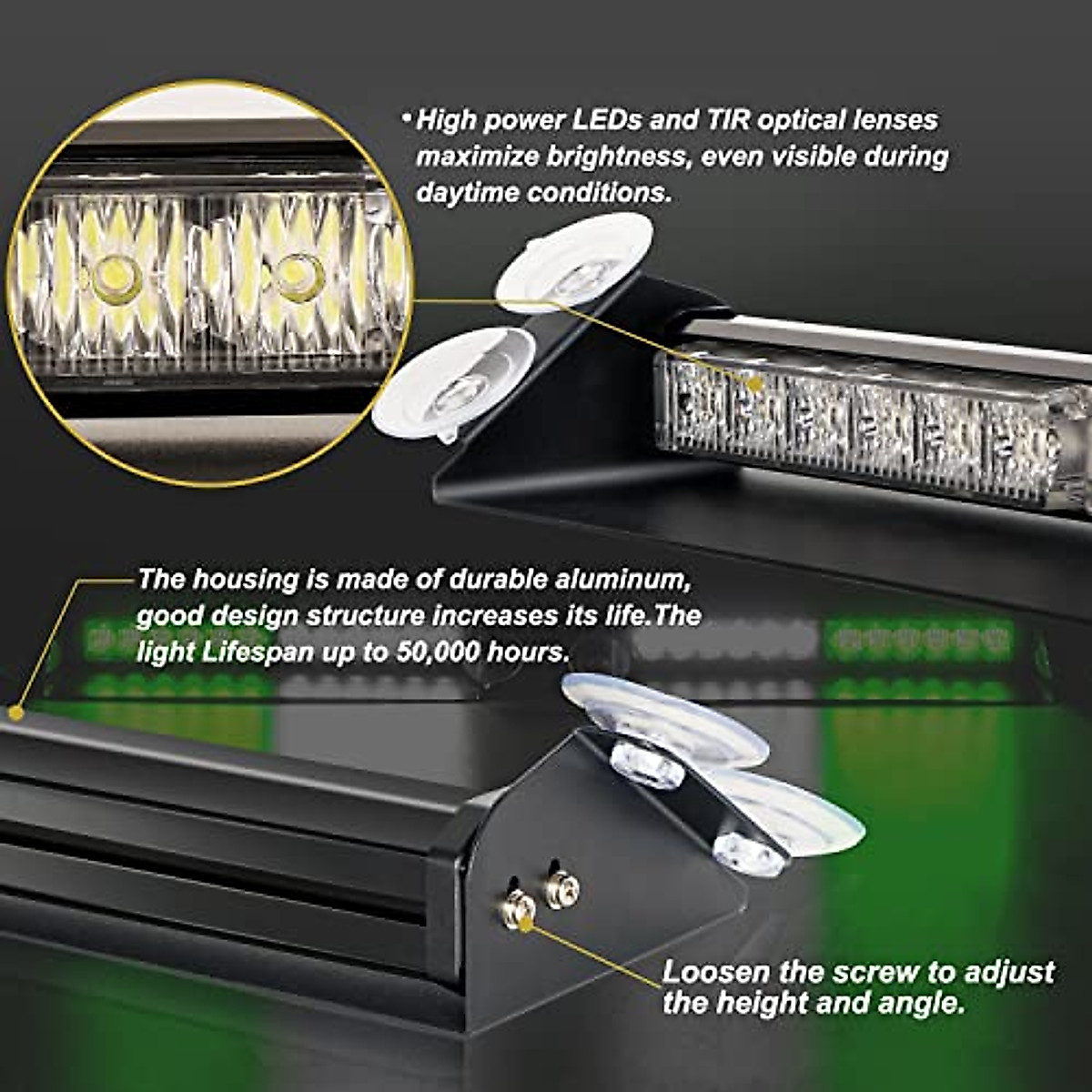 Lattofigy 2 in 1 Dash Emergency Strobe Lights 2x14 inch 24LED Safety Hazard Warning lights Interior Front/Rear Windshield Deck Split Light Bar for Car Truck Vehicles (Green/White)