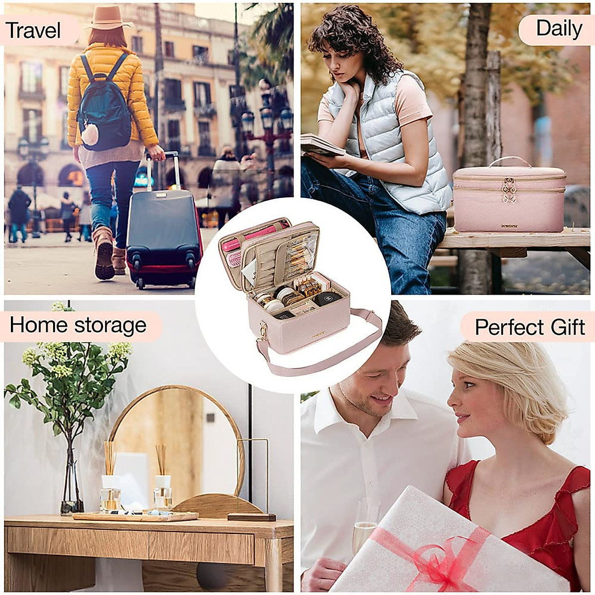 BAGSMART Large Makeup Bag, Double Layer Cosmetic Bag Travel Makeup Case Organizer with Shoulder Strap for Cosmetics Makeup Brushes Toiletries Travel Accessories (Medium, Pink)