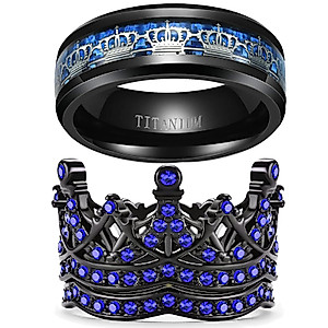 Ringcrown Couple Rings Black Crown Matching Ring Bridal Sets Blue Cz Womens Wedding Ring Sets for Him and Her Wedding Bands