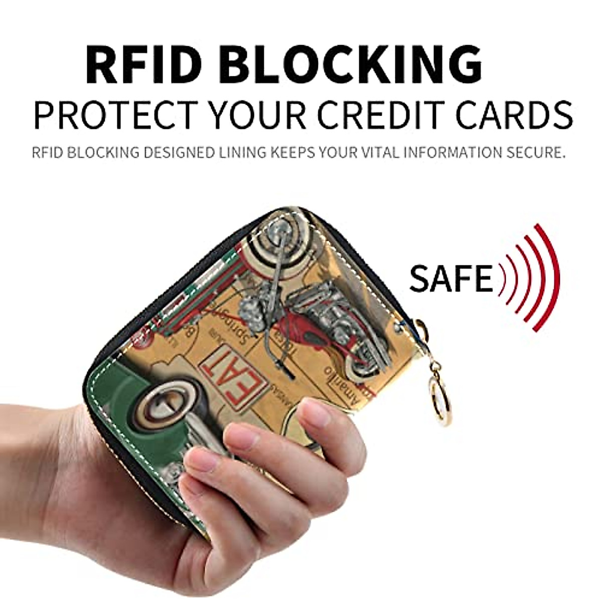 Vintage Route 66 Poster Blue, Yellow, Green Cars Motorcycle USA Flag Grey Credit Card Coin wallet, RFID Blocking Compact Women Leather Card Holder, Key Change Organizer, Zipper Purse Clutch Pouch