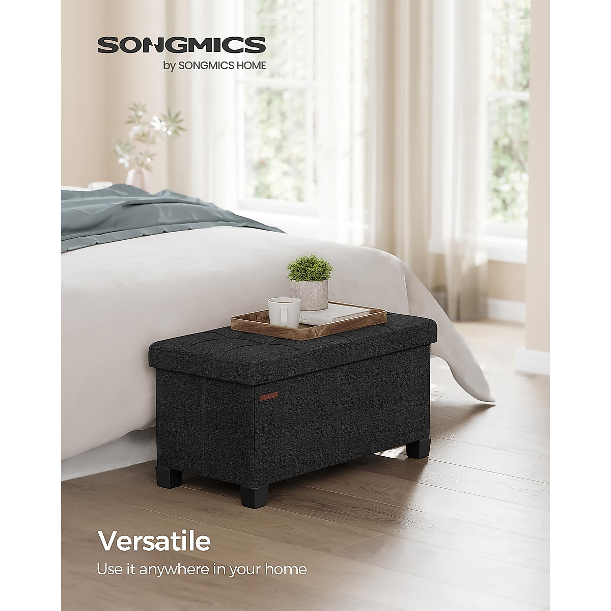 SONGMICS Folding Storage Ottoman Bench for Living Room and Bedroom, 15 x 30 x 15.7 Inches, Black ULSF016B01